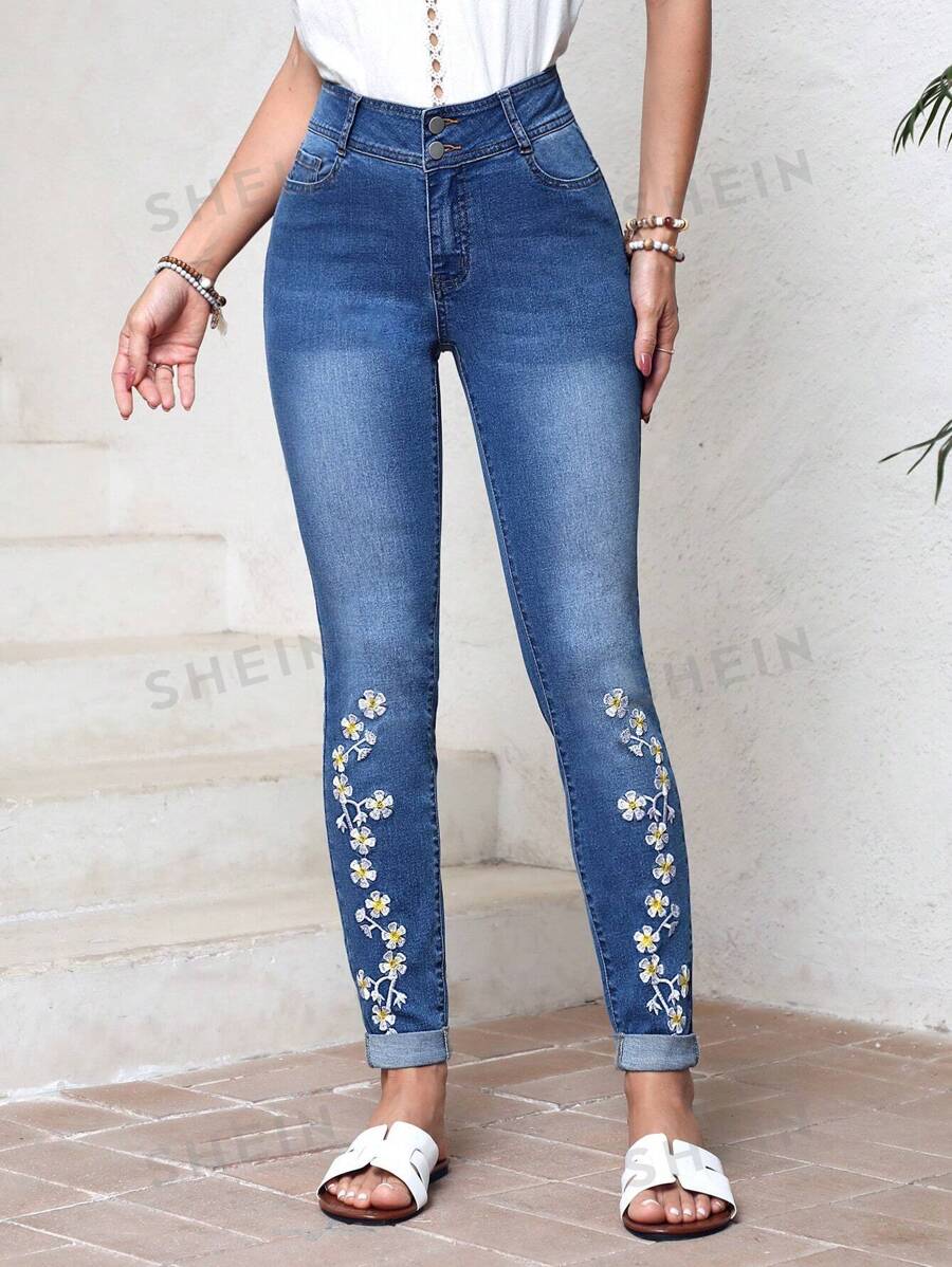 SHEIN LUNE Floral Embroidery Washed Denim Jeans | SHEIN USA