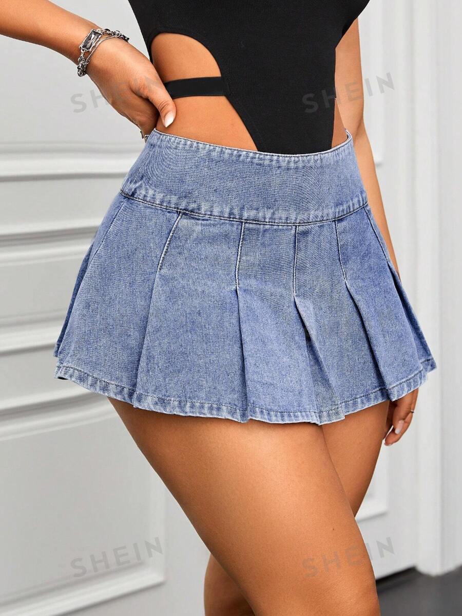 SHEIN ICON Women's Pleated Mini Denim Skirt | SHEIN USA