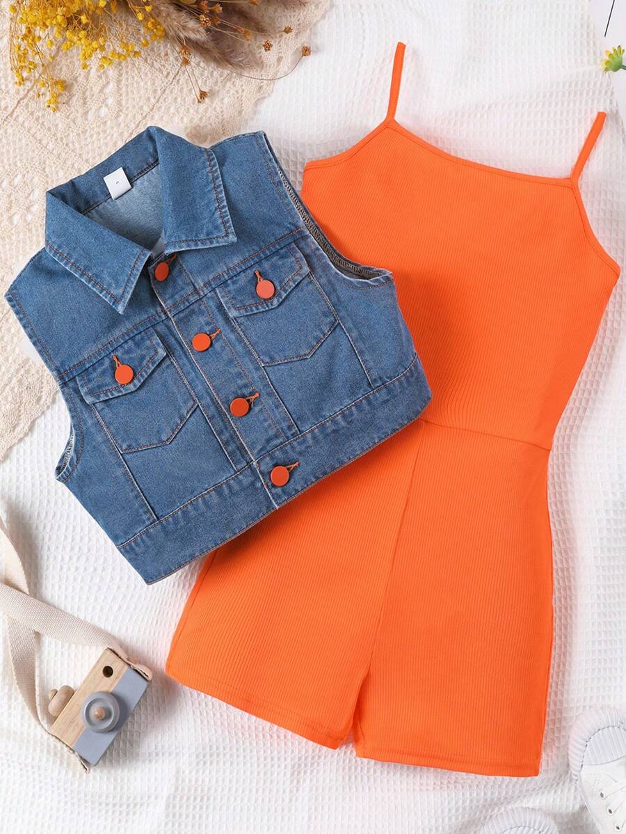 Tween Girls' Solid Color Jumpsuit & Denim Vest Set | SHEIN USA
