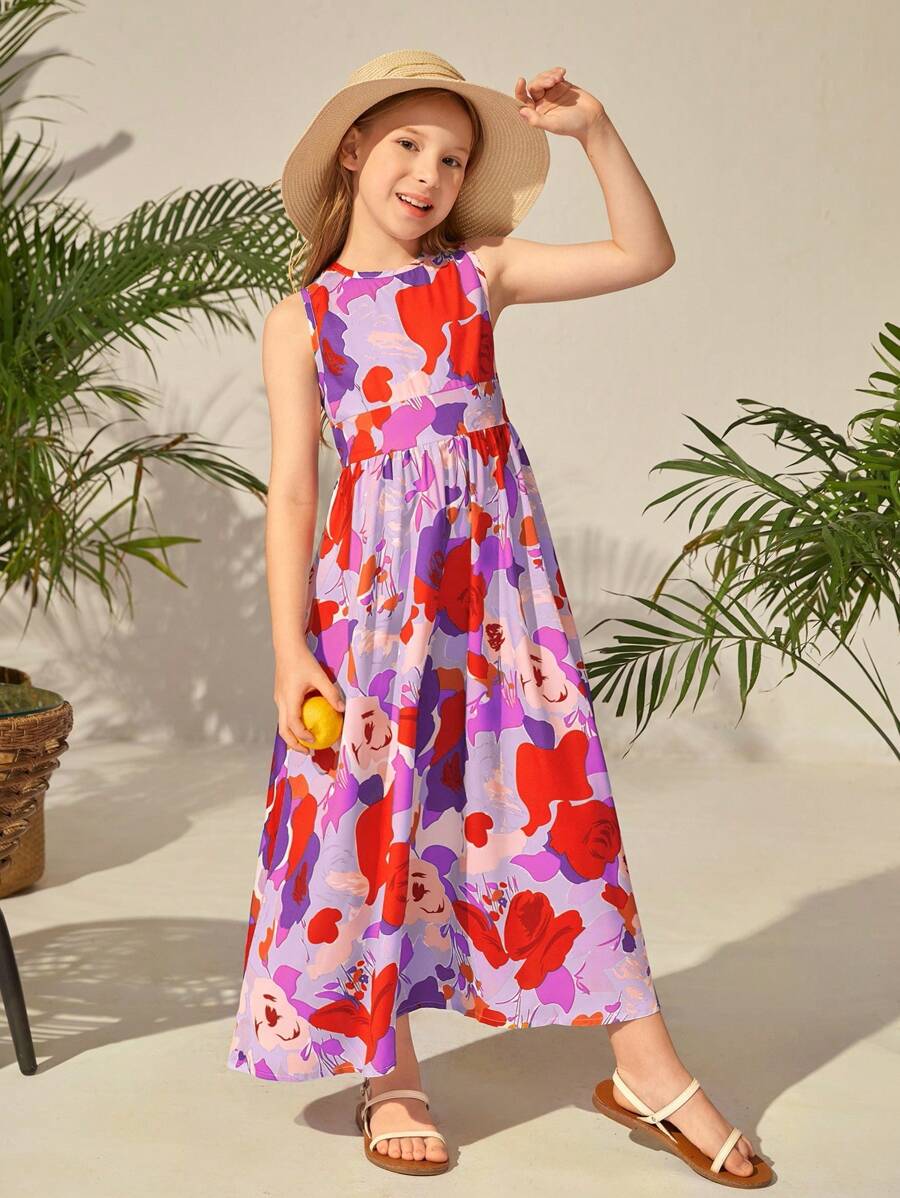 SHEIN Tween Girl Nova moda sem mangas roxo-vermelho casual praia ...