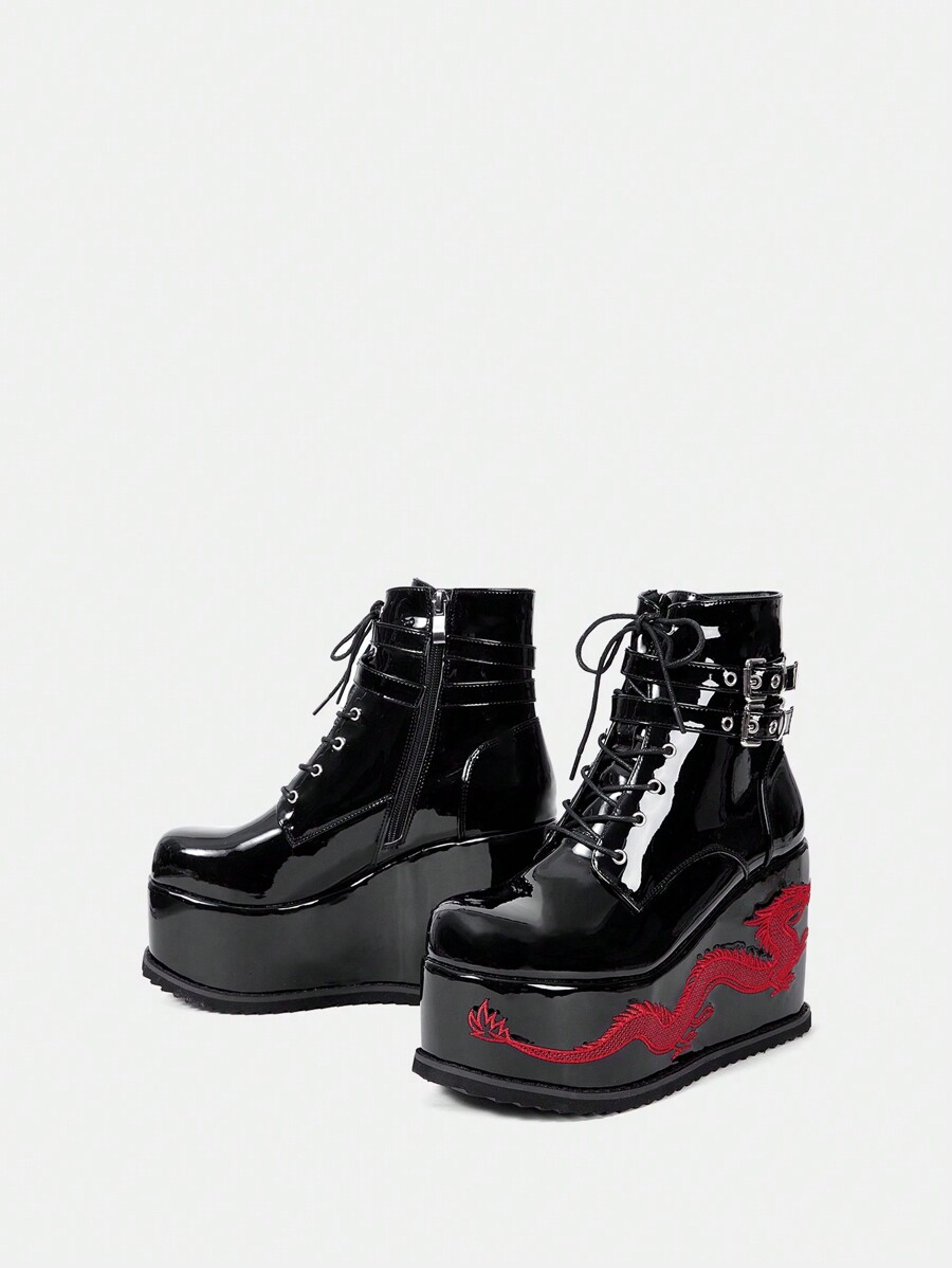 Sugerpunk Bota Curta Feminina de Salto Anabela Preto com Estilo Gótico ...