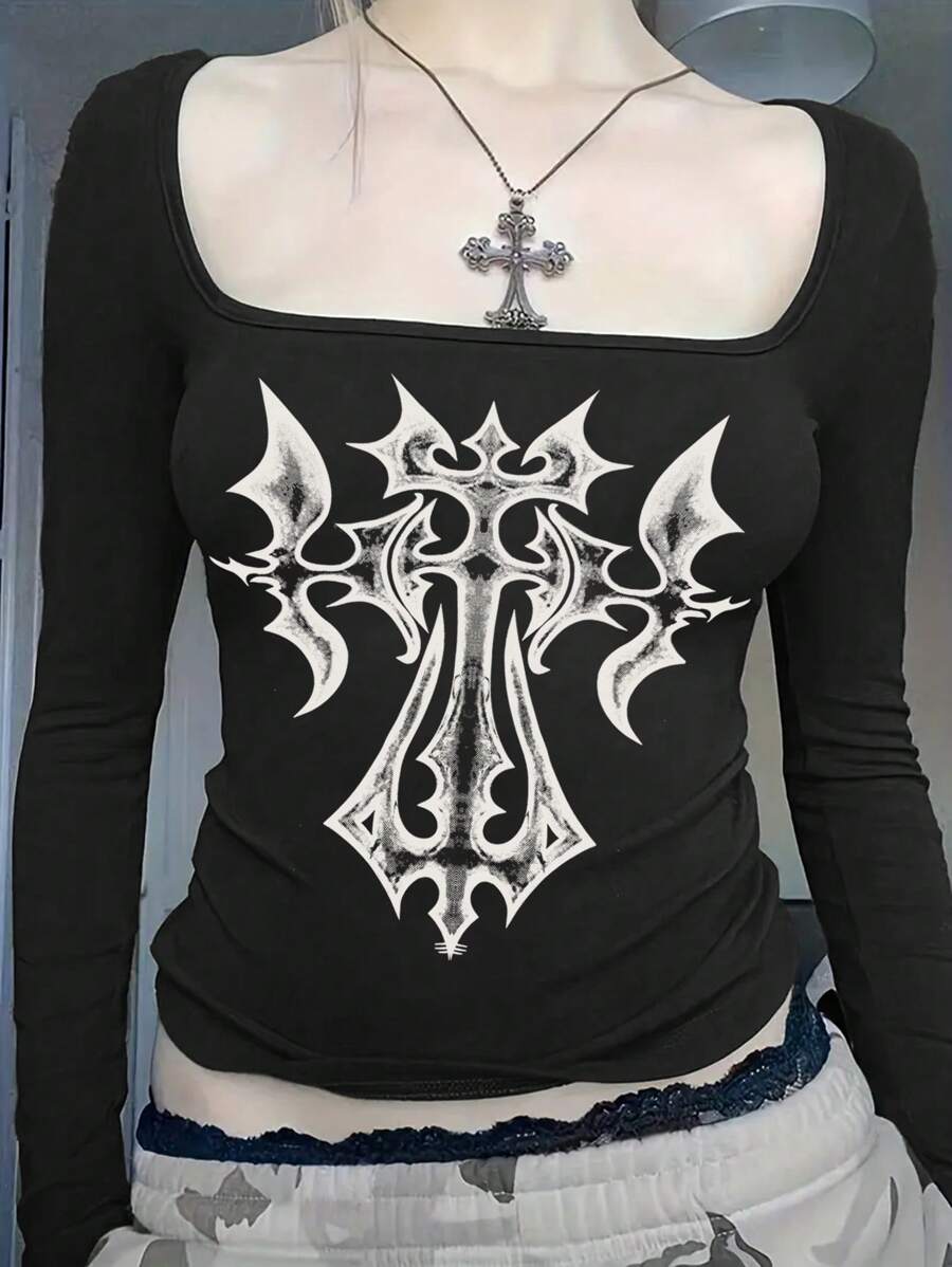 PUNK Round Neck Gothic Style Long Sleeve T-Shirt Graphic Tees Women ...