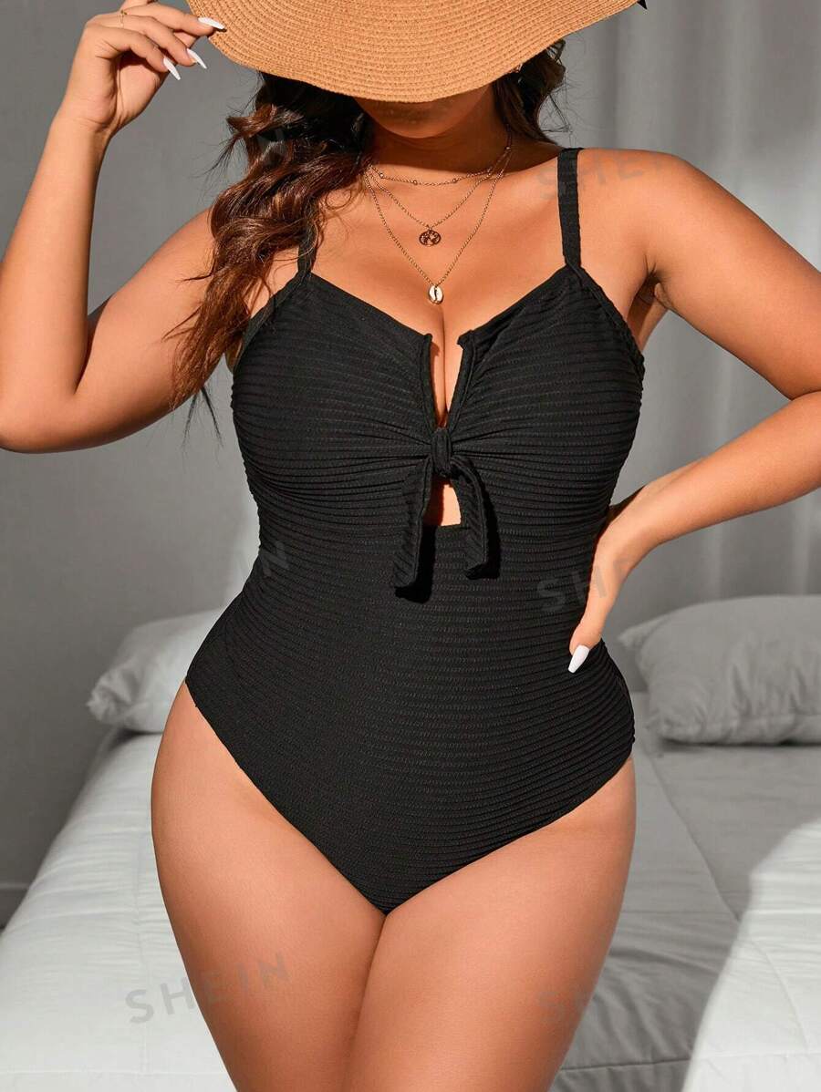 SHEIN Swim Curve Summer Beach Plus Size Women's Textured One-Piece Swimsuit With Thin Straps ...