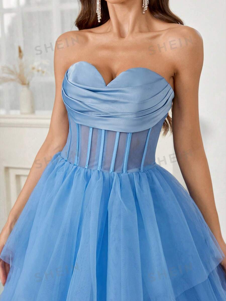 SHEIN Belle Strapless Dress With Mesh Splice Satin Surface And Multi ...