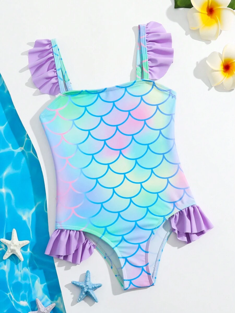 Young Girl One-Piece Swimsuit With Fish Scales Pattern And Ruffle Trim ...