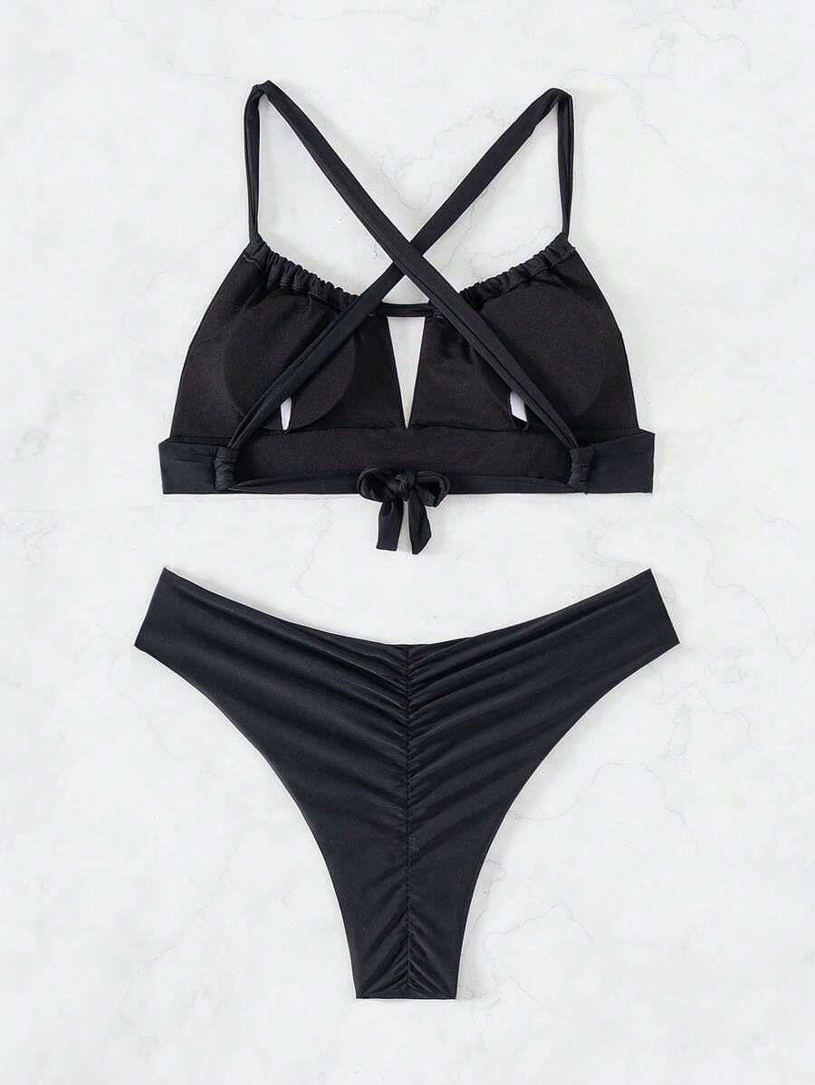 Shein Swim Vcay Hollow Out Detailing Solid Color Bikini Swimsuit Set