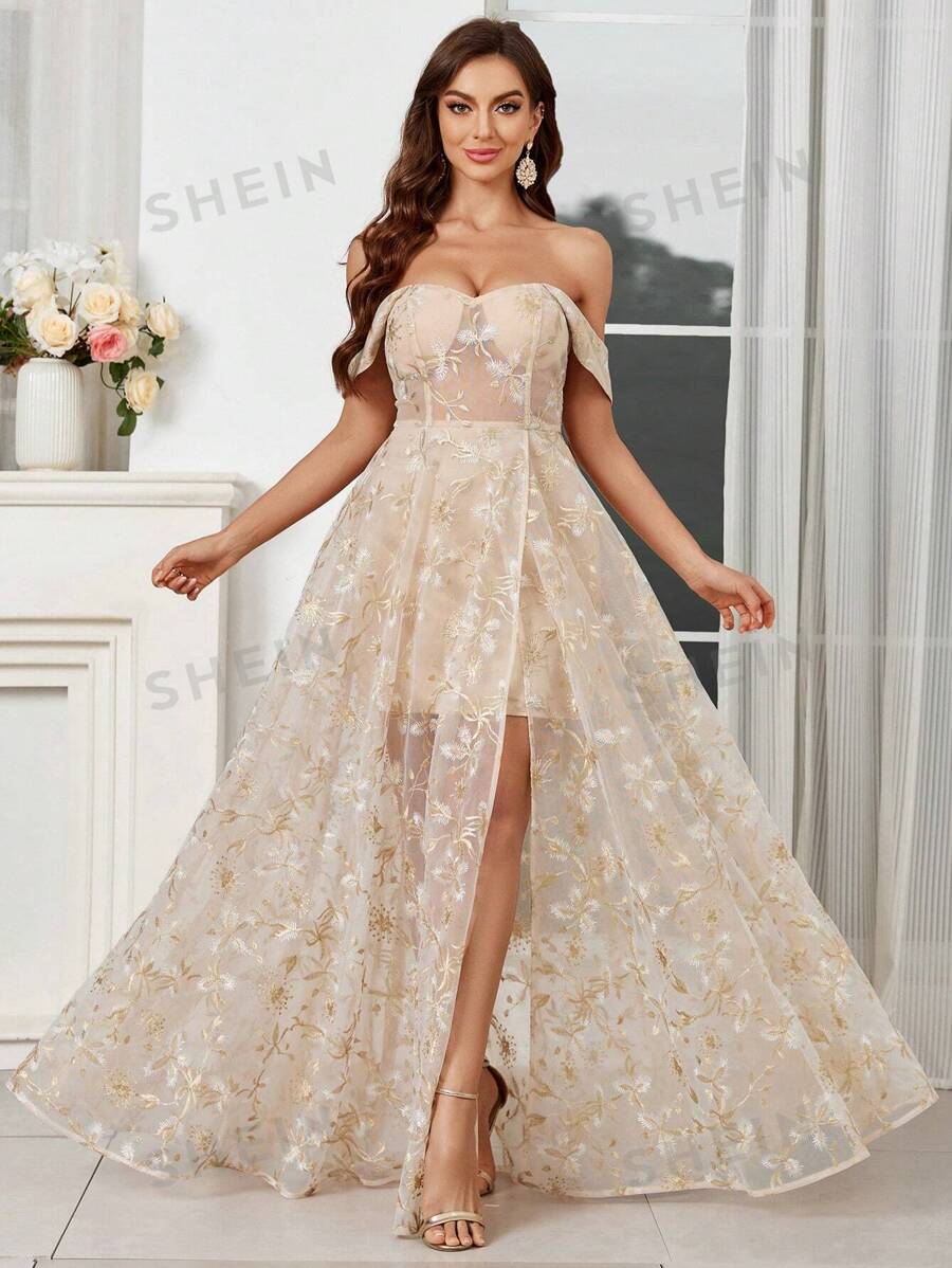 SHEIN Belle Women's Heavy-Duty Embroidered Fabric Evening Dress With Ultra Long Hem, High Side ...