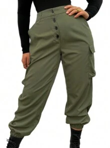 Calvaya Plus Button Fly Flap Pocket Cargo Pants | SHEIN USA