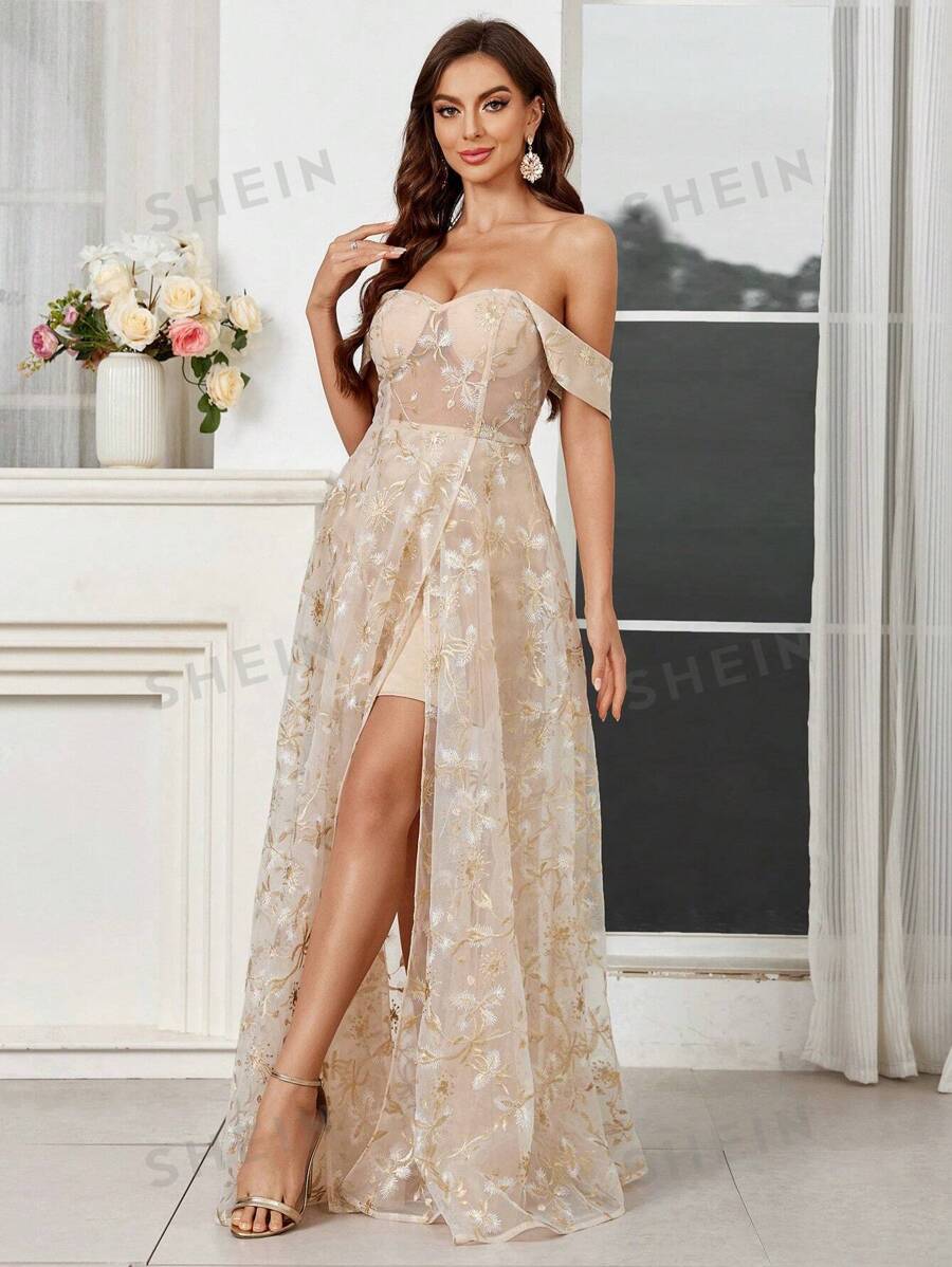 SHEIN Belle Women's Heavy-Duty Embroidered Fabric Evening Dress With Ultra Long Hem, High Side ...