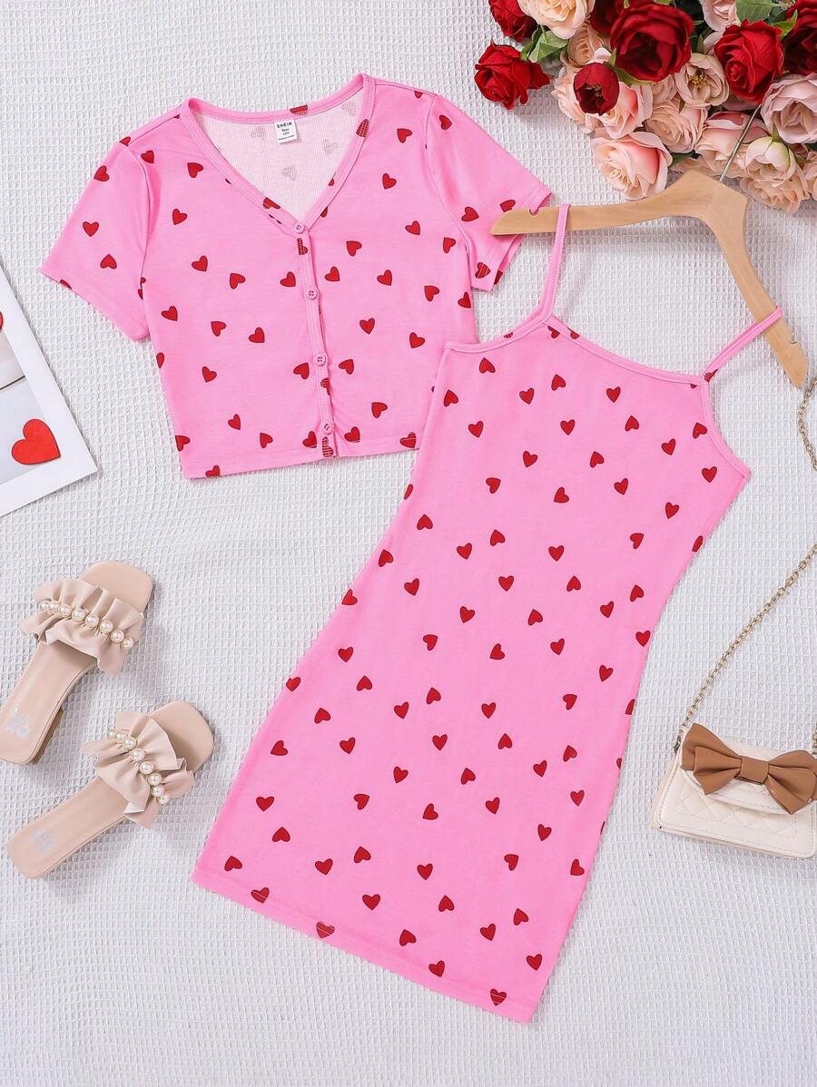 SHEIN Insieme Top A Maniche Corte In Maglia A Costine Con Motivo A ...