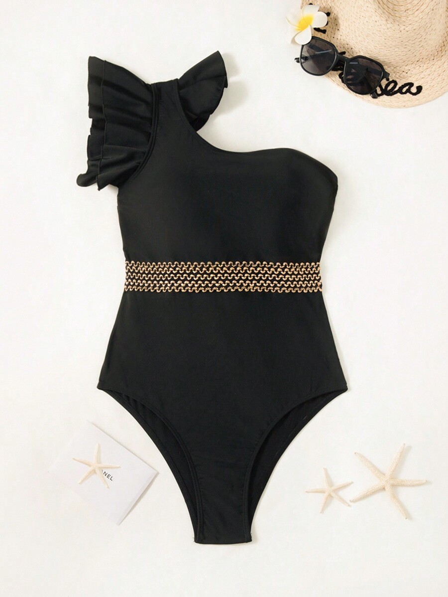 Women'S One Shoulder Ruffle Trimmed Color Block One-Piece Swimsuit For ...