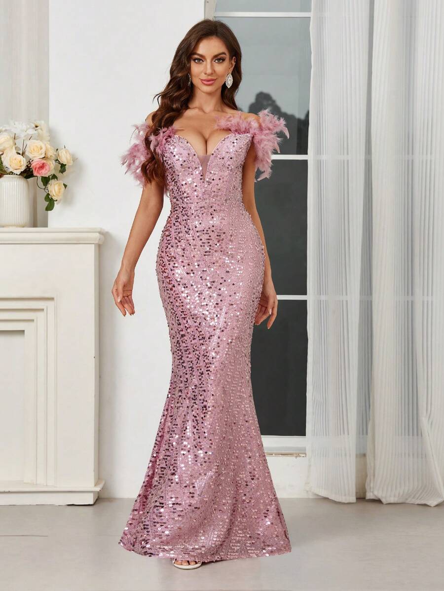 SHEIN Belle Women's Elegant And Romantic Sparkling Sequin Evening Dress ...