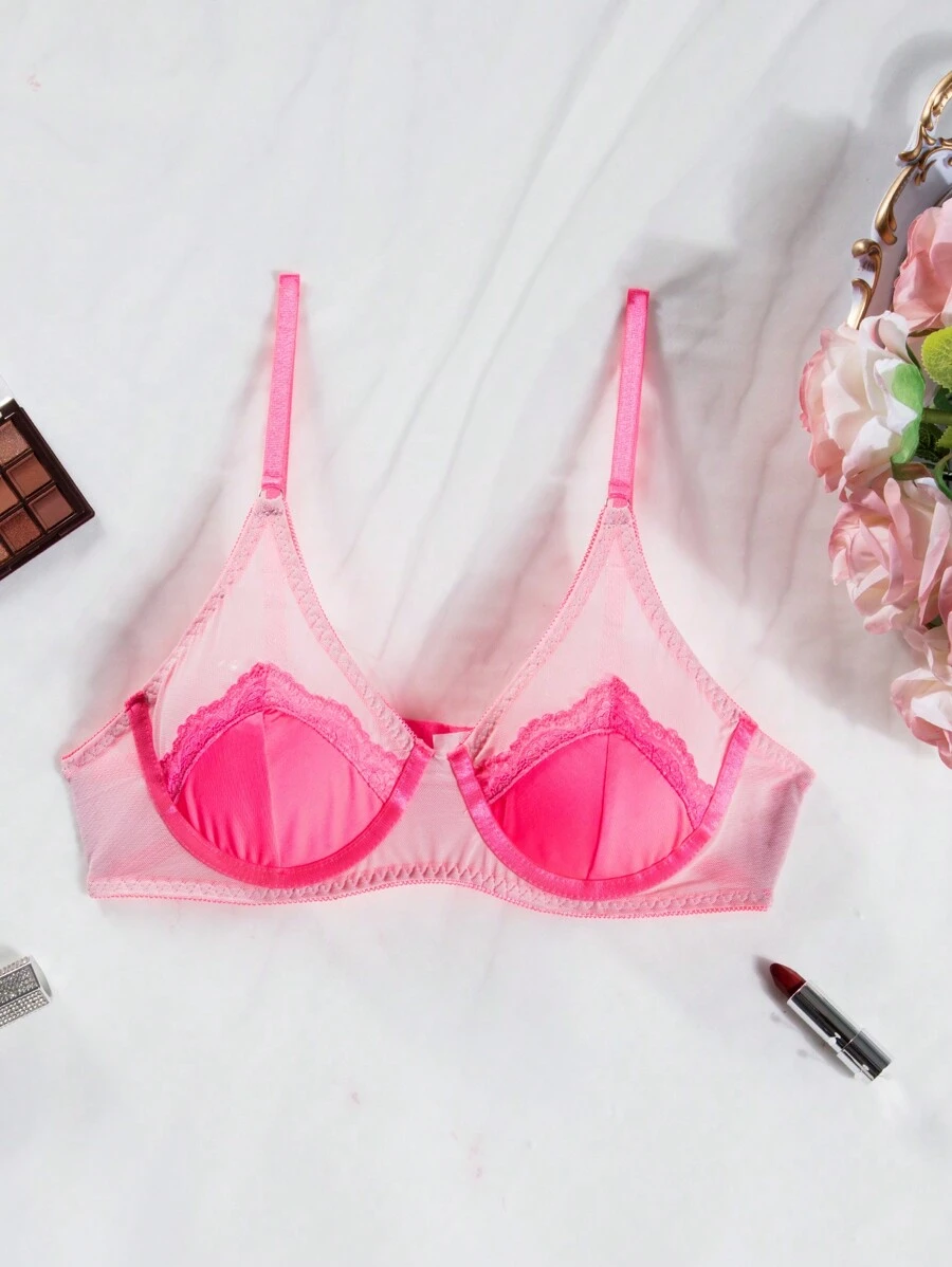 SHEIN Ladies' Colorblock Mesh & Lace Bra With Flower Edge | SHEIN USA