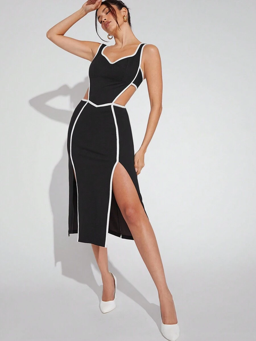 SHEIN Unity Contrast Binding Cut Out Waist Split Thigh Dress | SHEIN USA