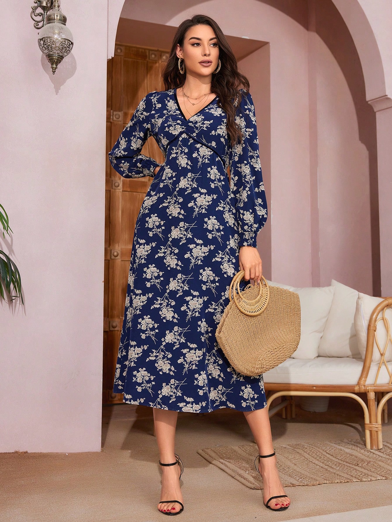 Anewsta Vrouwen Bloemenprint V-hals Lange mouwen Jurken | SHEIN Nederland