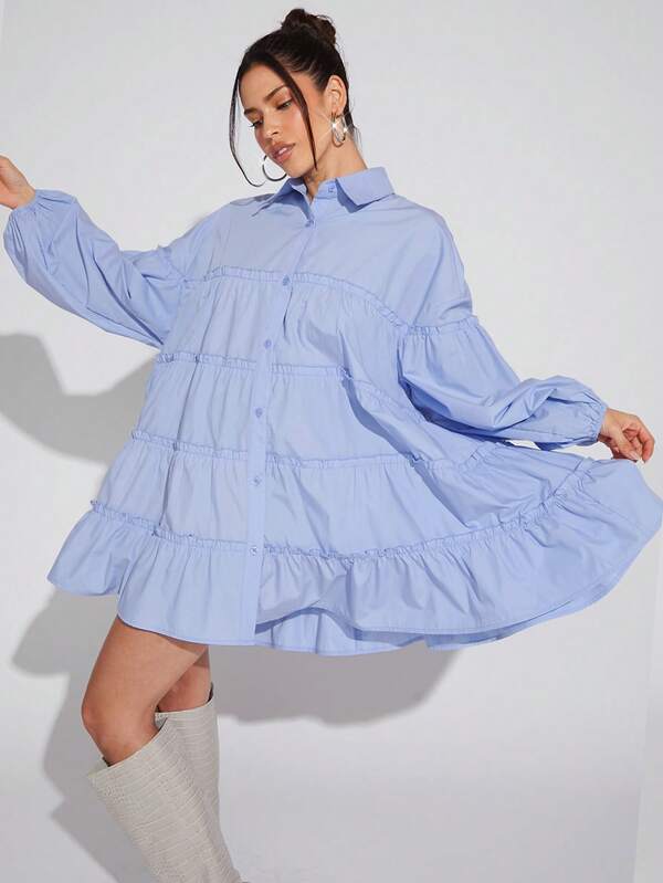 Hello J Oversize Layered Ruffle Shirt Dress | SHEIN USA