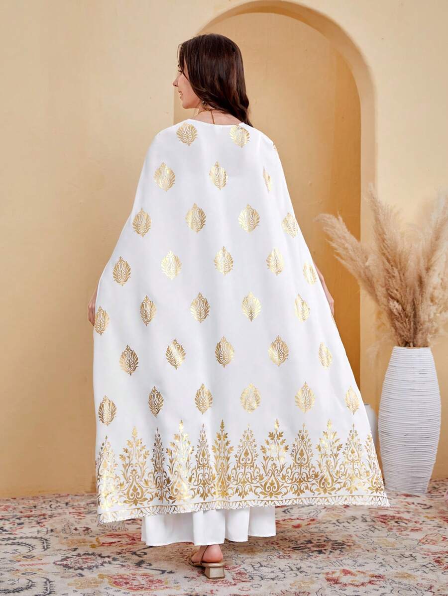 SHEIN Teen Girls' Woven Gold Stamped Cape Coat And Cami Dress Set With ...