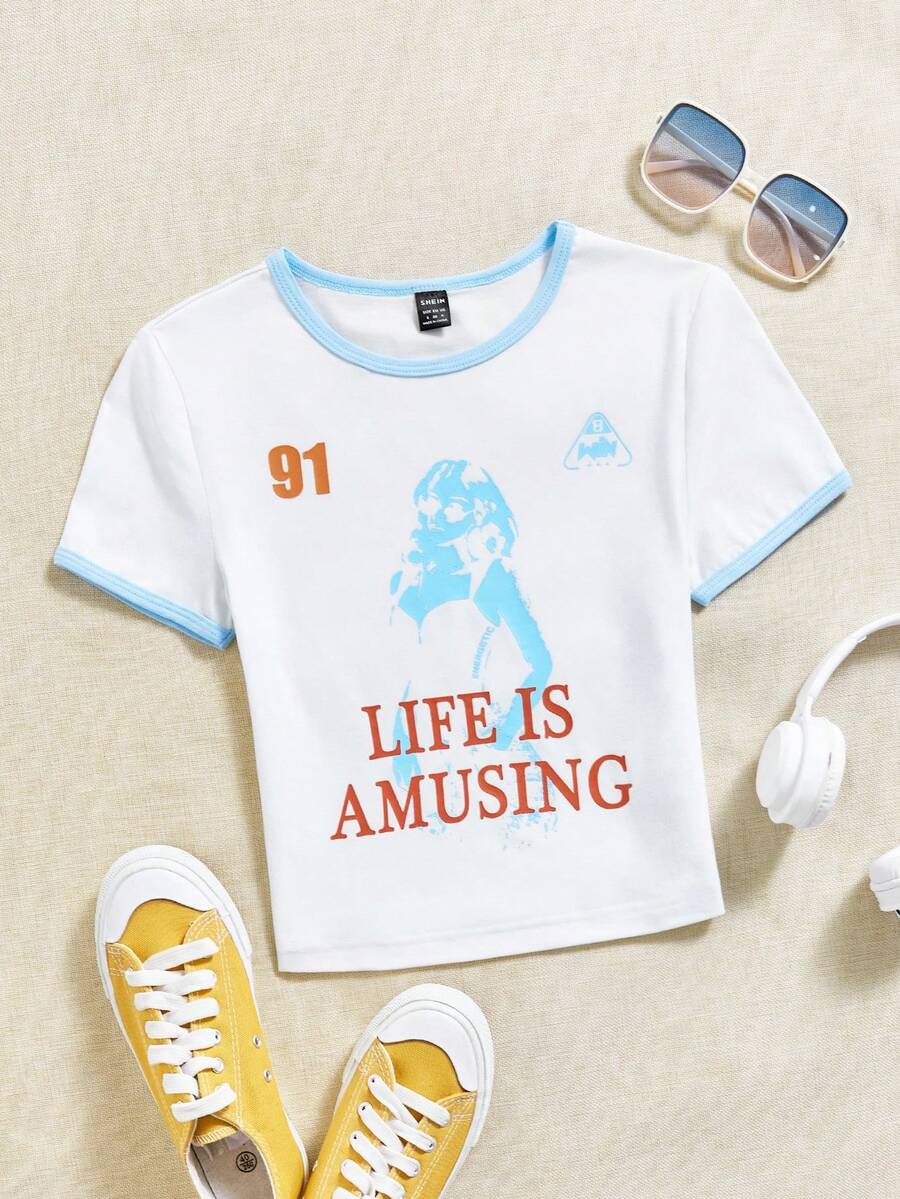 SHEIN Coolane Women's Color Block Tee With Character & Slogan Print And ...