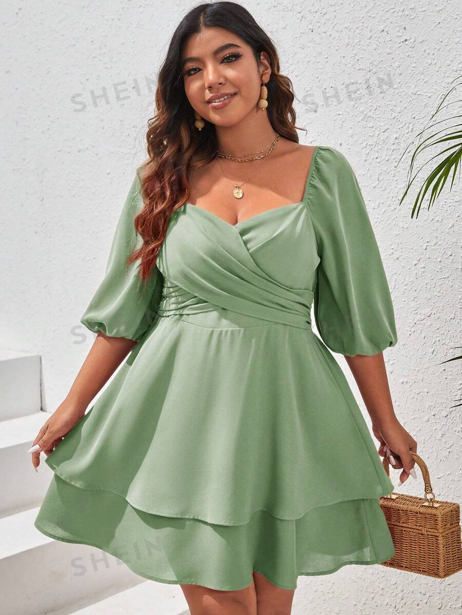 Shein Vcay Plus Size Sweetheart Neckline Puff Sleeve Dress Shein Uk