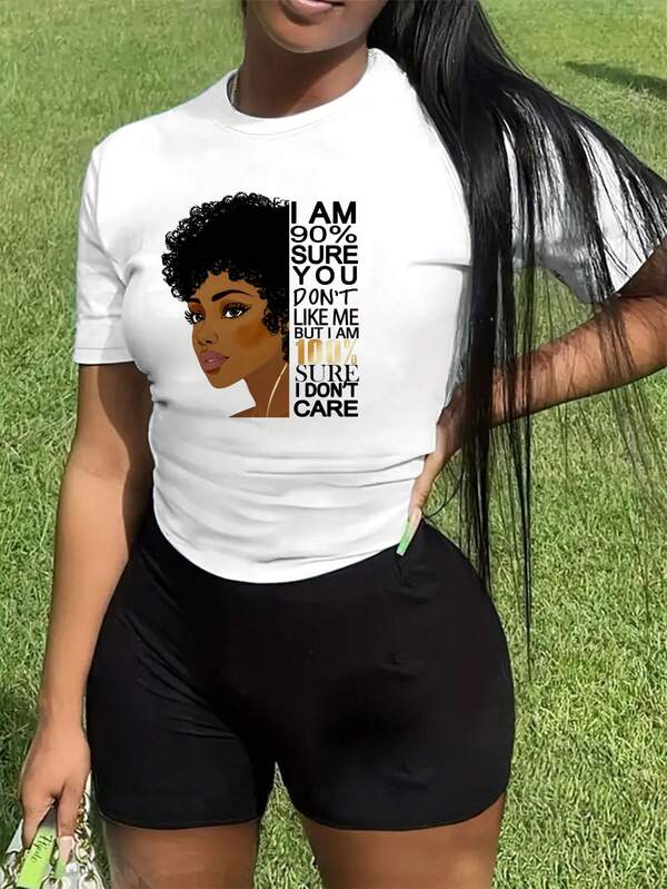 SHEIN Slayr Ladies' Portrait Print Short Sleeve T-Shirt And Shorts Set ...