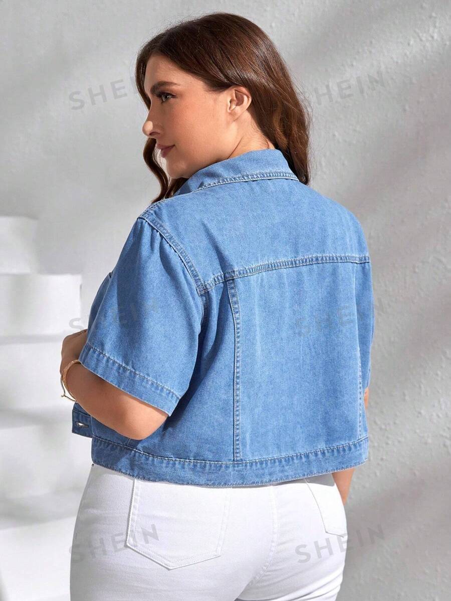 SHEIN VCAY Plus Size Cropped Denim Jacket | SHEIN UK