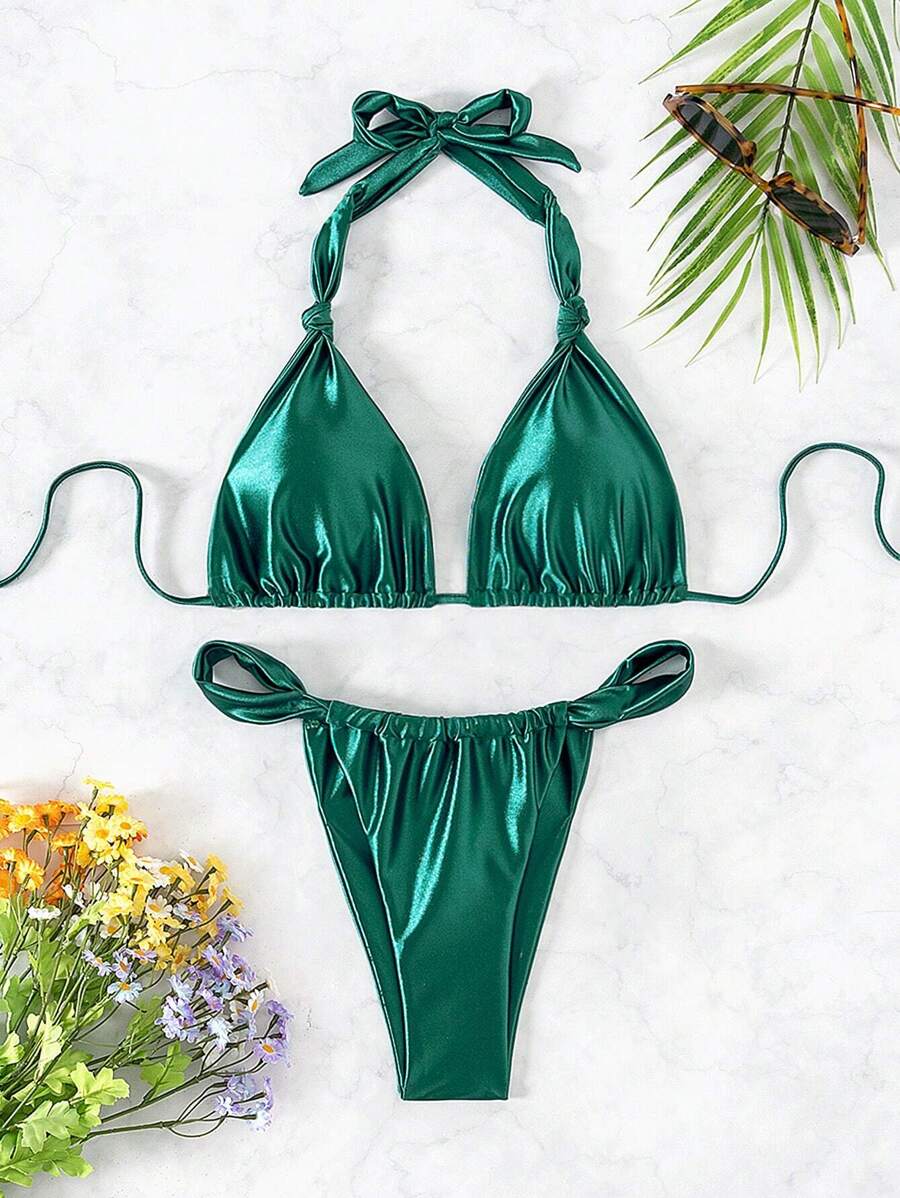 SHEIN Swim Summer Beach Women's Metal Texture Halter Neck Bikini Set ...