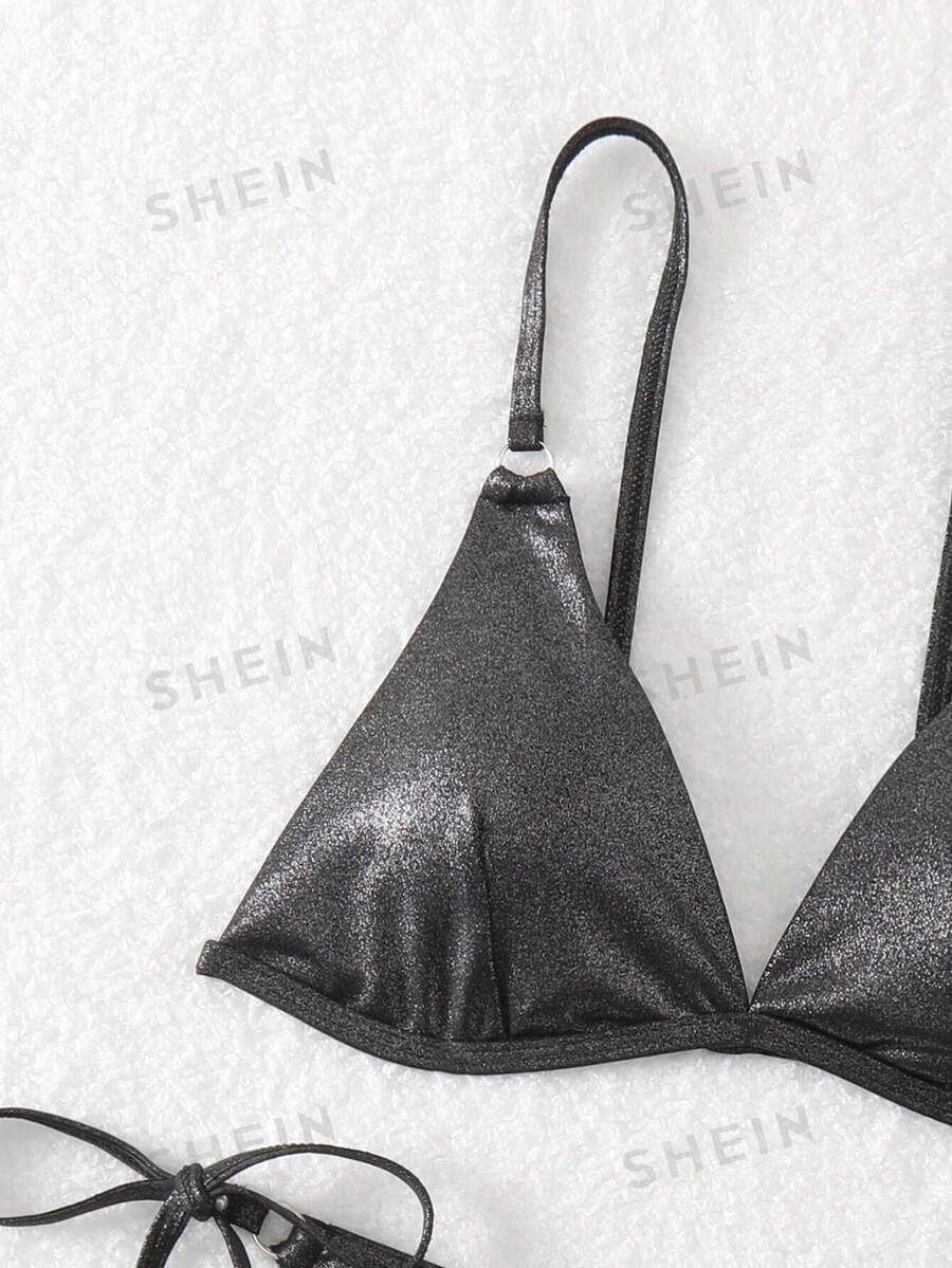 SHEIN Swim Women's Shiny Thin Strap Side Tie Bikini Set Carnival | SHEIN