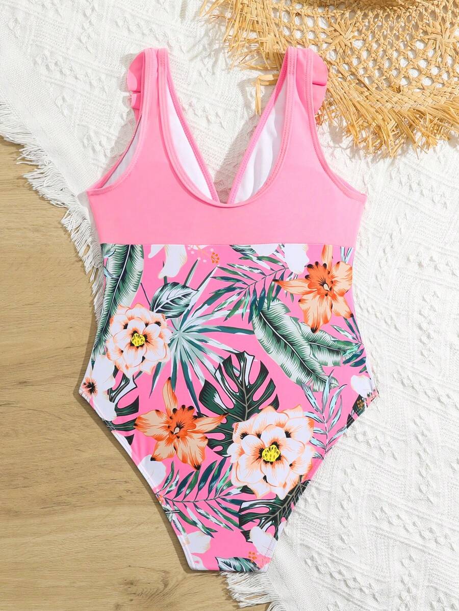 Traje De Baño De Una Pieza Con Estampado Tropical Y Borde De Volante