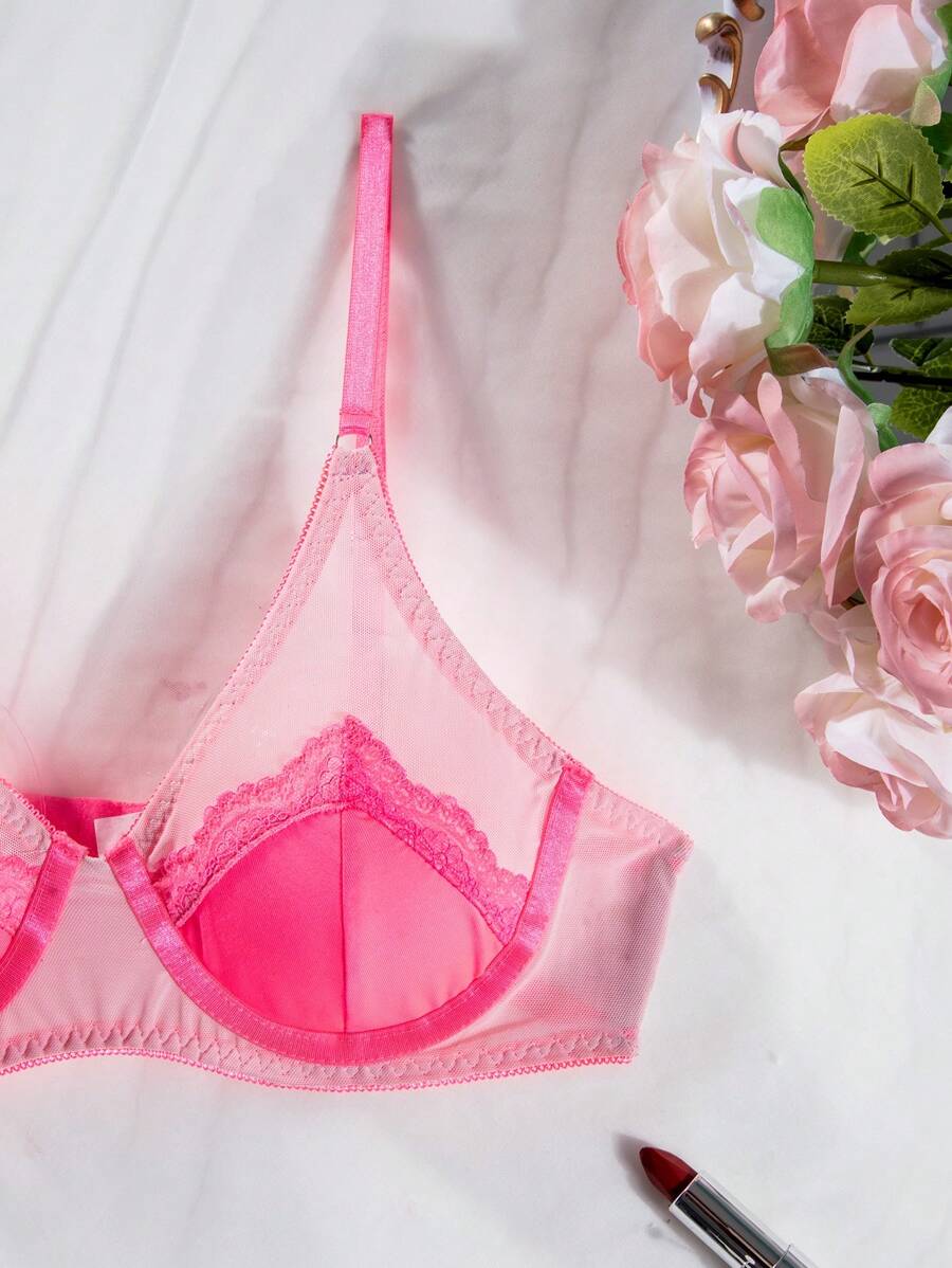 SHEIN Ladies' Colorblock Mesh & Lace Bra With Flower Edge | SHEIN USA