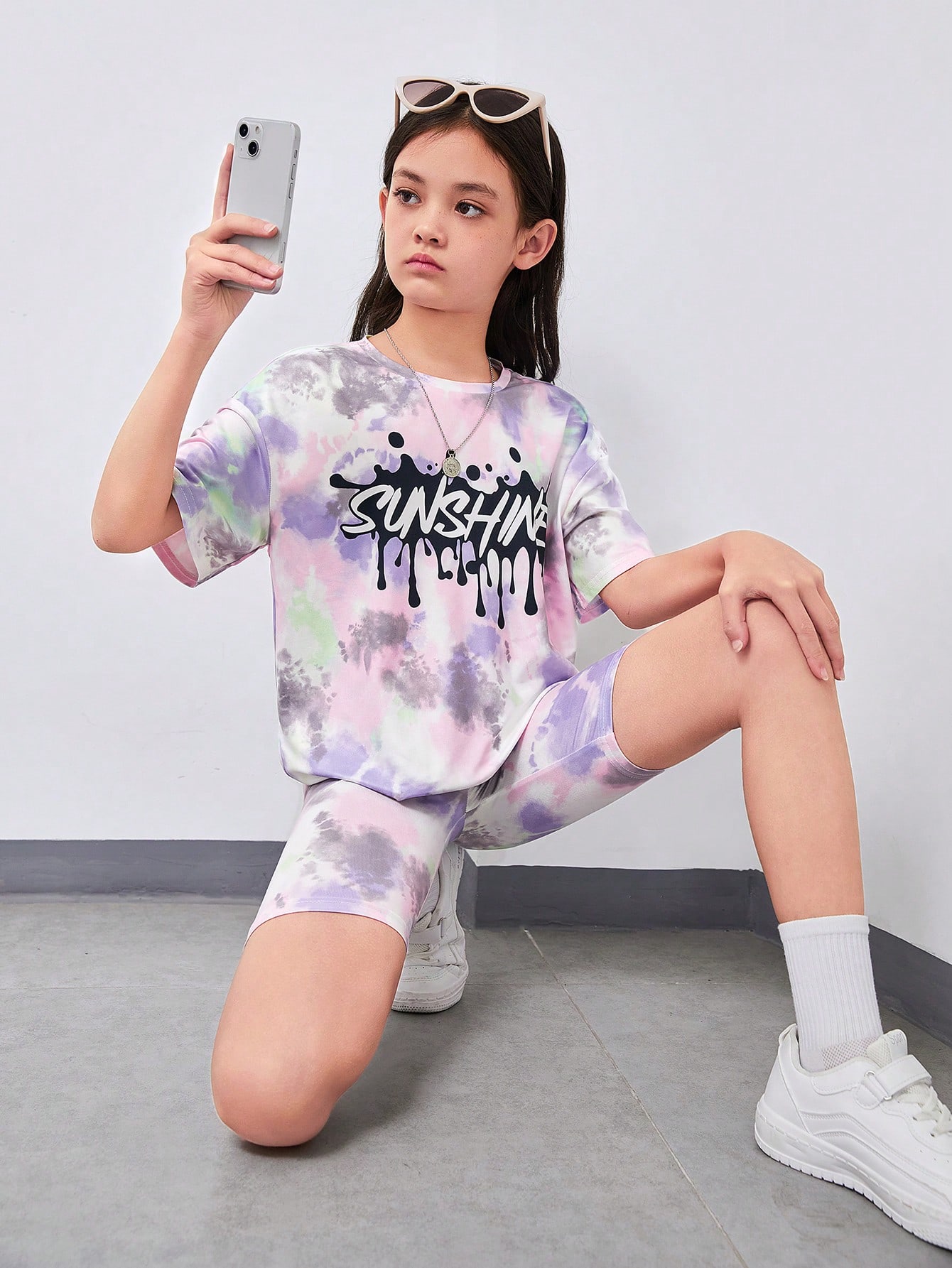 SHEIN Kids EVRYDAY Tween Girls' Knitted Tie-Dye Letter Printed Short ...
