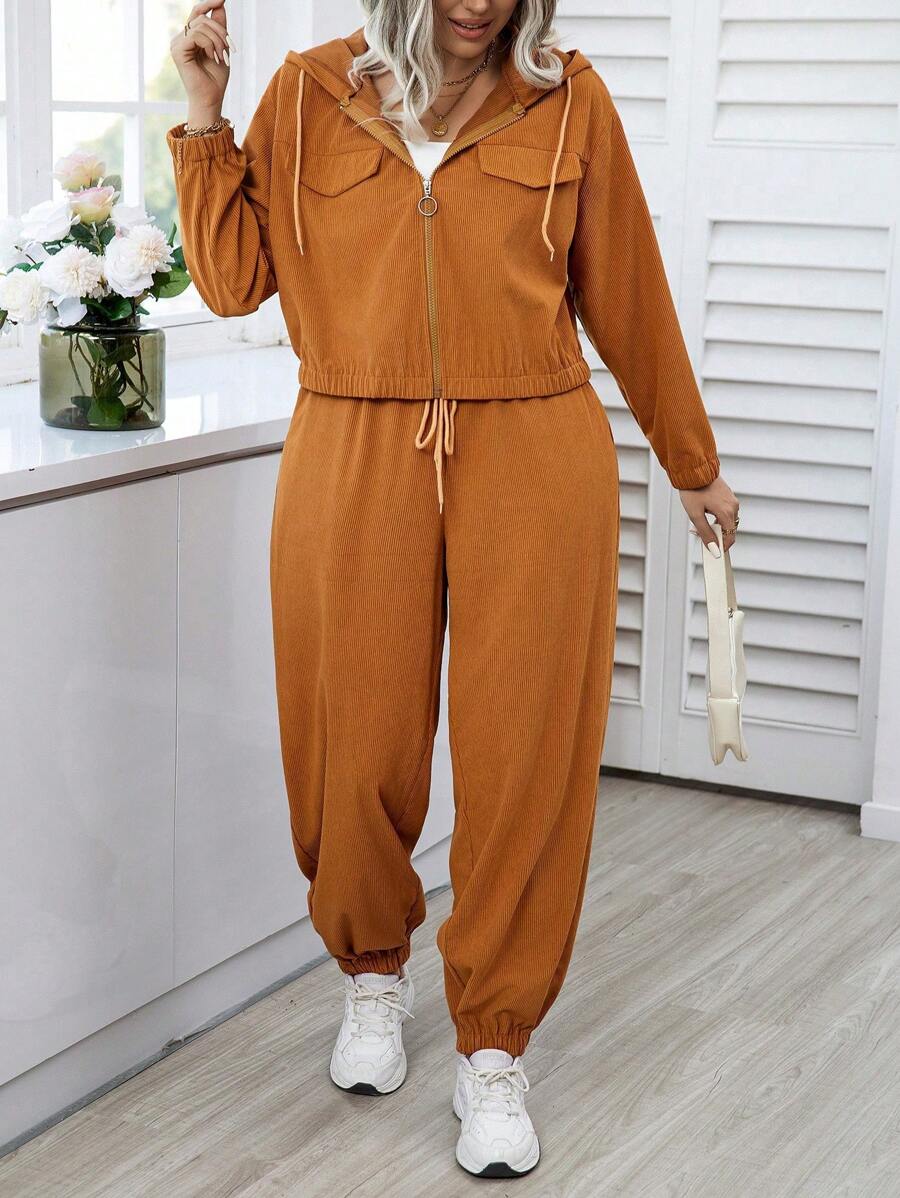 SHEIN Relaxiva Plus Size Hooded Jacket With Flap Detail, Zipper Closure ...