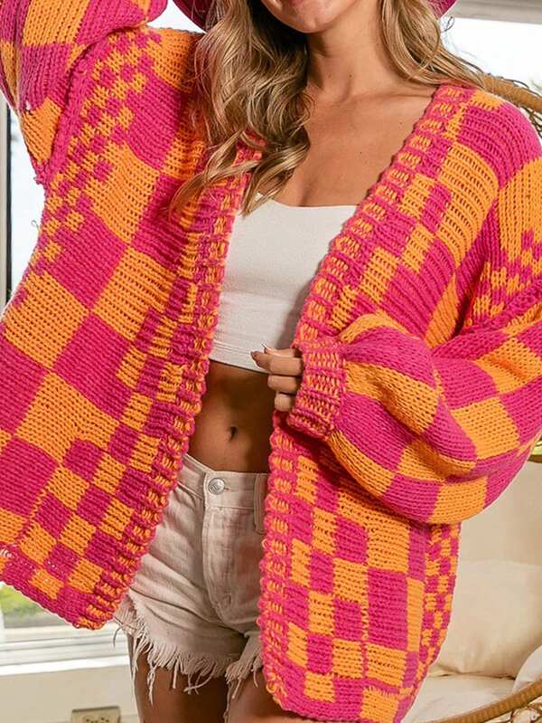 Open Front Mixed Checkered Pattern Knit Cardigan | SHEIN USA