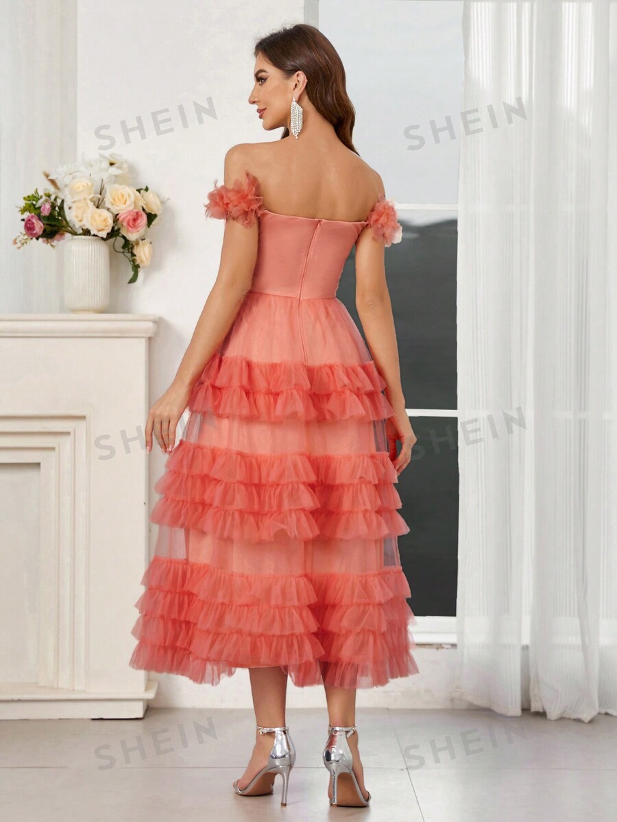 SHEIN Belle Elegant Woman's Peach Orange Mesh Off-Shoulder Three ...