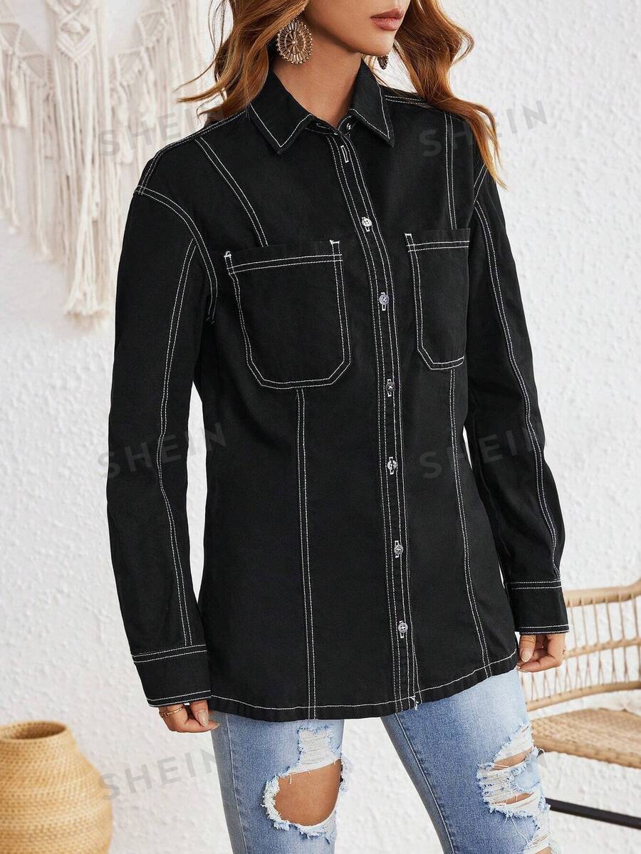SHEIN Essnce Women's Long Sleeve Denim Shirt Top | SHEIN UK