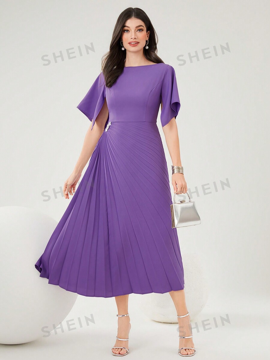 SHEIN Modely Women'S Round Neck Solid Color Dress With Pleated Hem ...