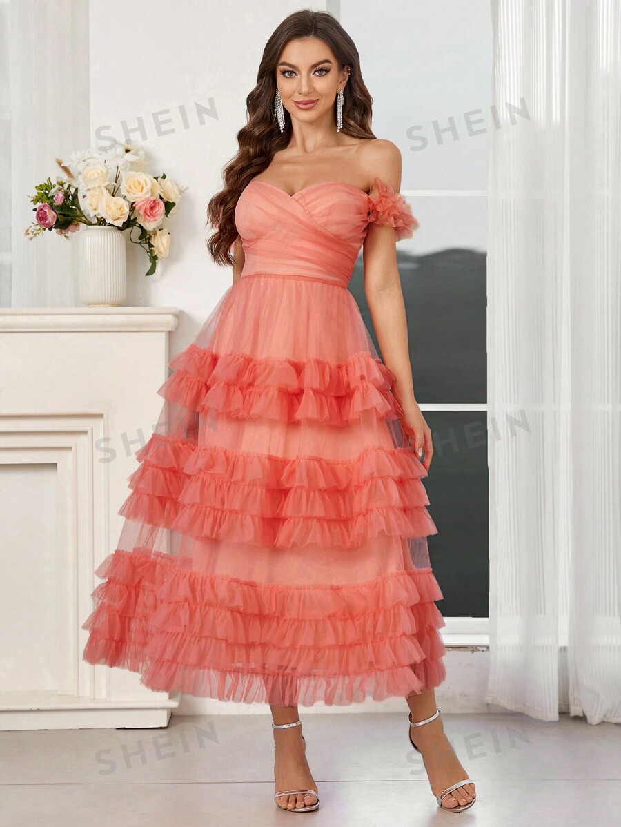SHEIN Belle Elegant Woman's Peach Orange Mesh Off-Shoulder Three ...
