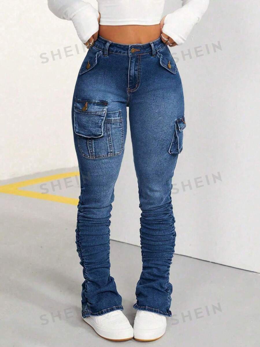 SHEIN ICON Women's Slim Fit Denim Jeans With Fold Details | SHEIN USA