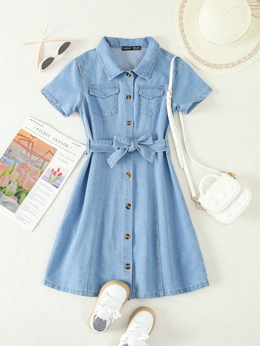 Tween Girls Casual, Comfortable, Simple Denim Dress | SHEIN UK