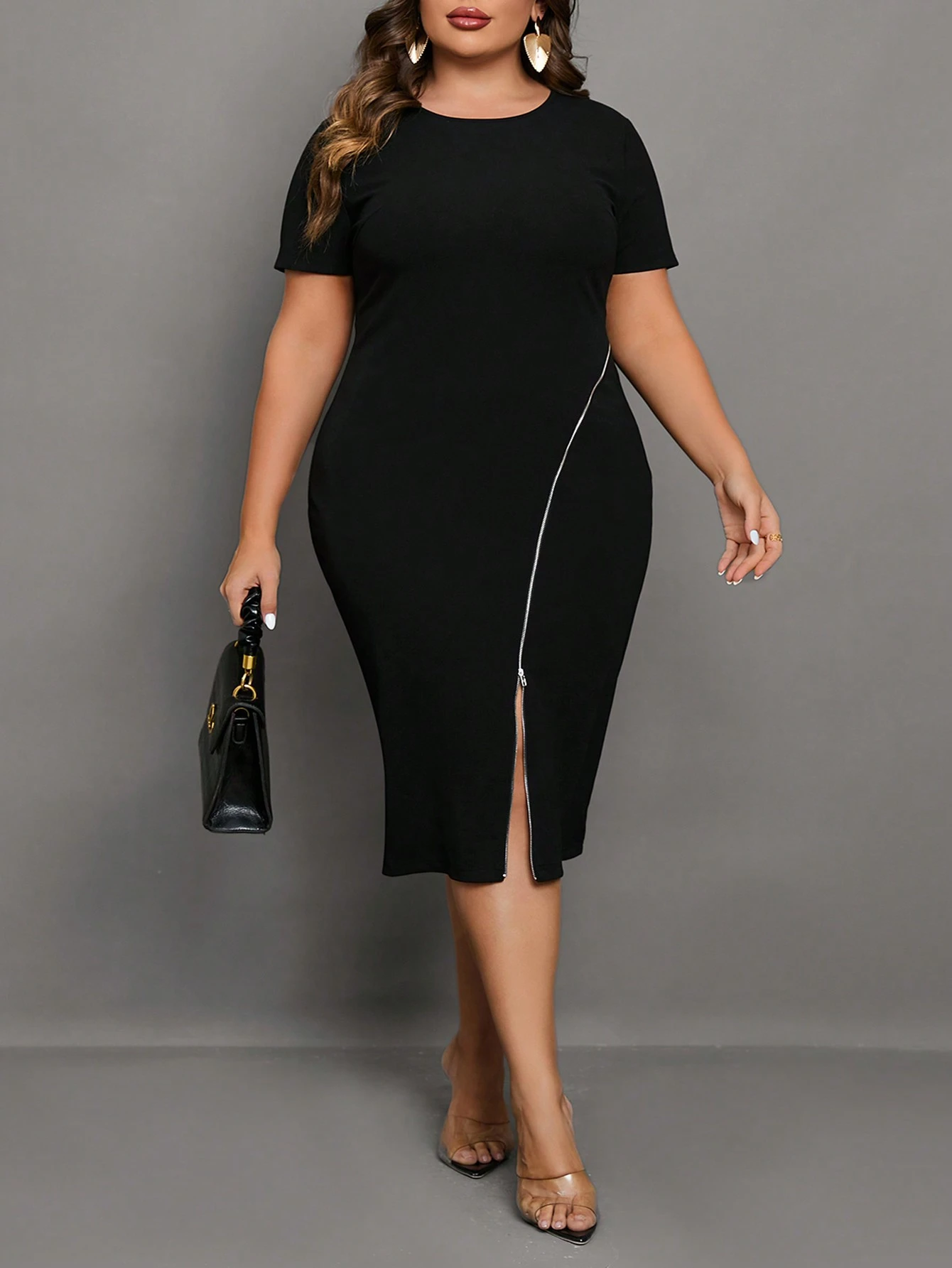 SHEIN CURVE+ Women's Plus Size Plain Color Over Knee Dress With Diagonal Zipper for Sale ...