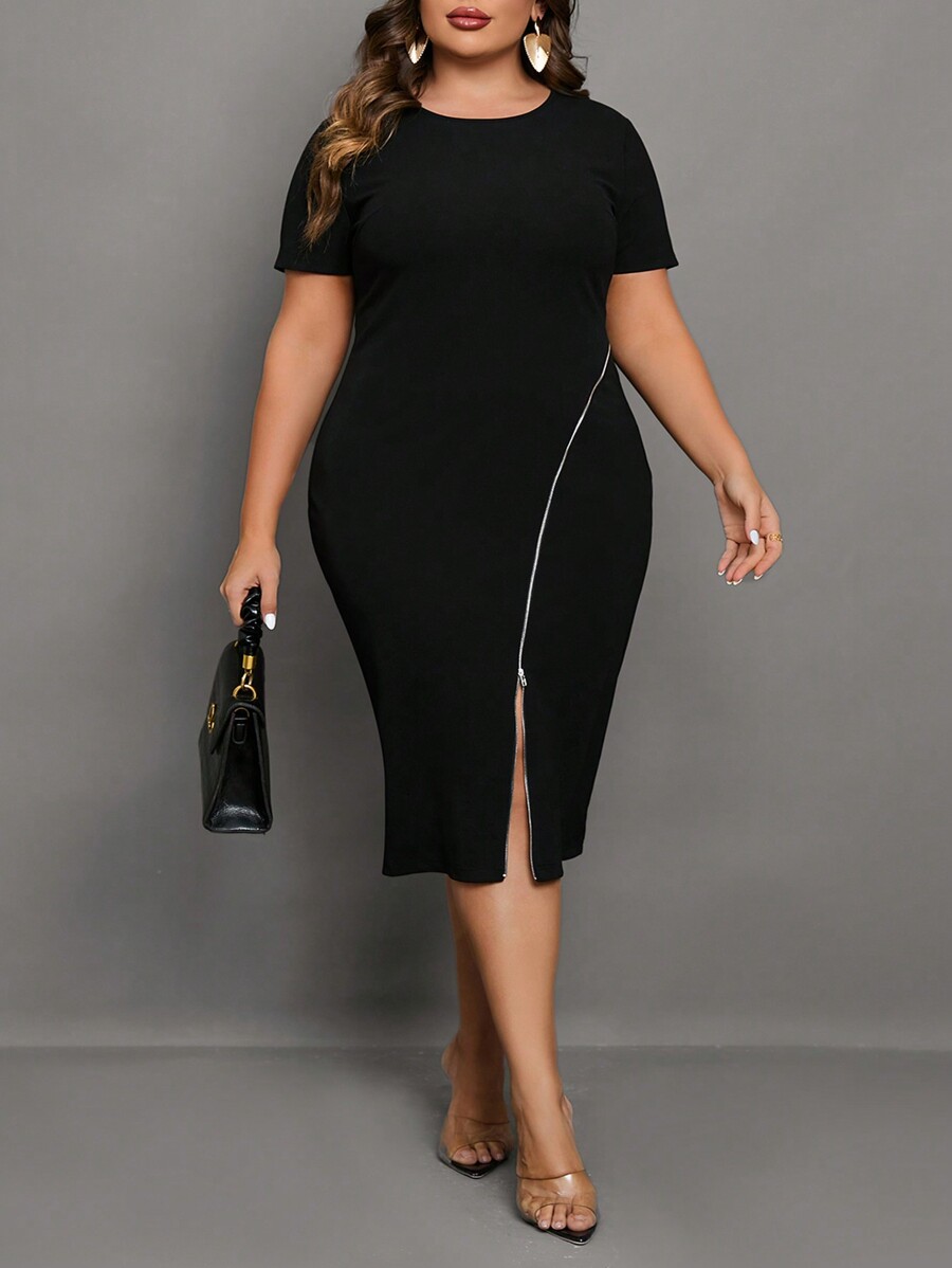 SHEIN CURVE+ Women's Plus Size Plain Color Over Knee Dress With ...