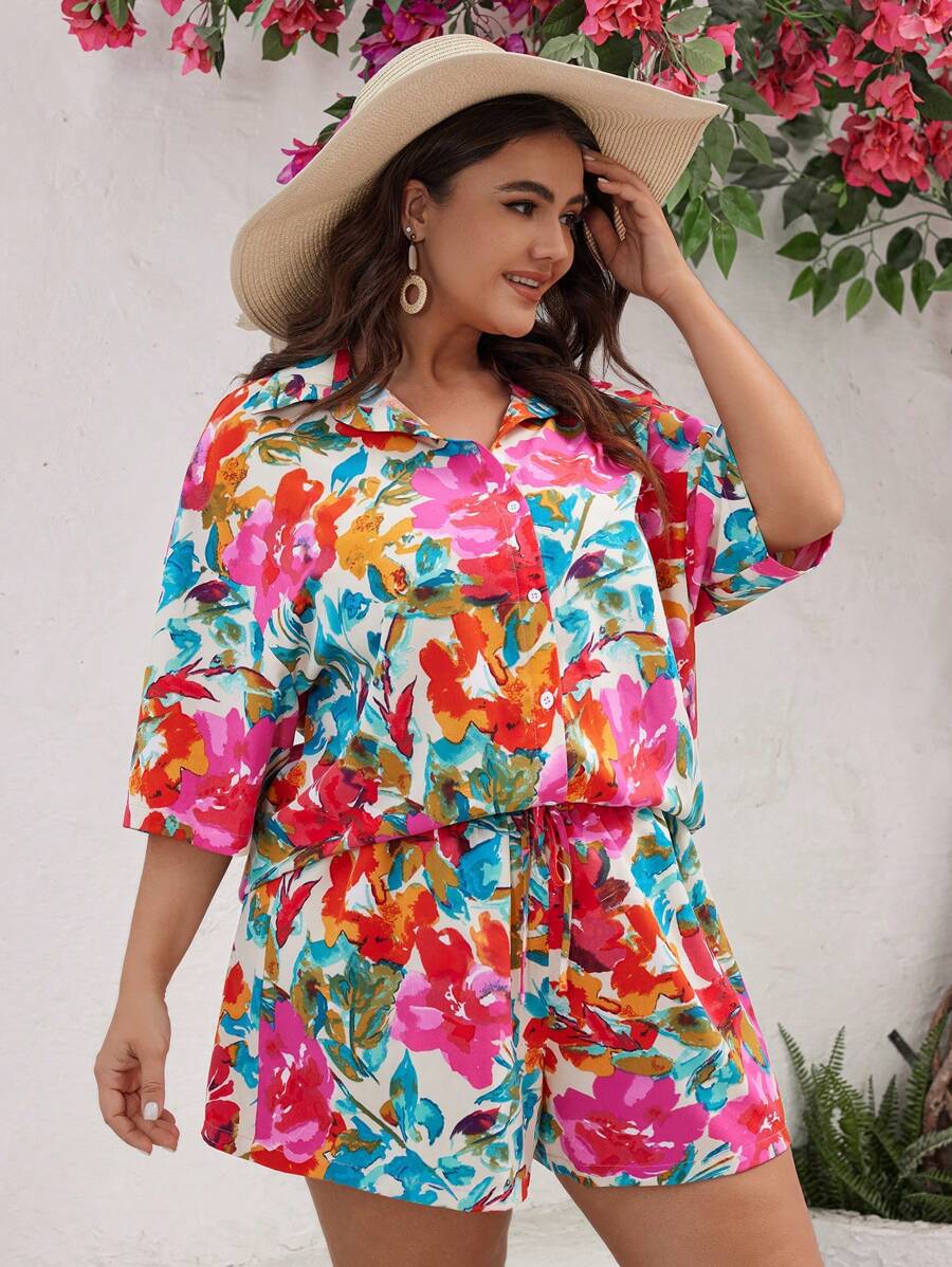 Shein Vcay Plus Size Summer Vacation Floral Print Open Front Shirt And