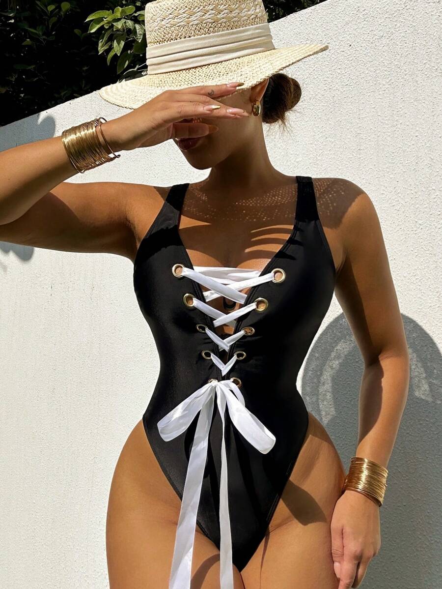 Lace Up Backless One Piece Swimsuit Carnival Shein Usa