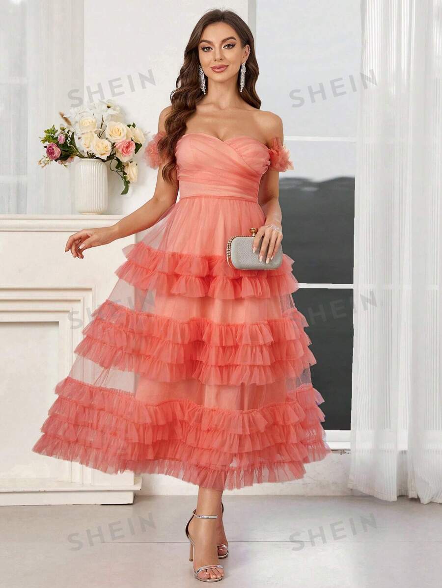 SHEIN Belle Elegant Woman's Peach Orange Mesh Off-Shoulder Three-Dimensional Flower High-Waisted ...