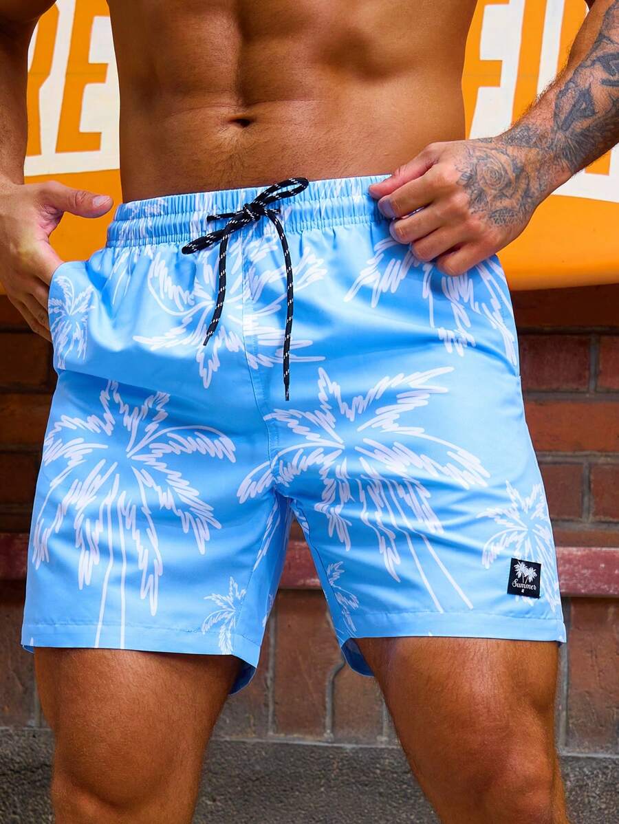 Manfinity Men's Palm Tree Graphic Printed Drawstring Waist Beach Shorts ...