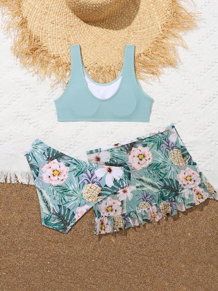 Conjunto de biquíni de 3 peças com estampa floral e planta Tween Girl ...