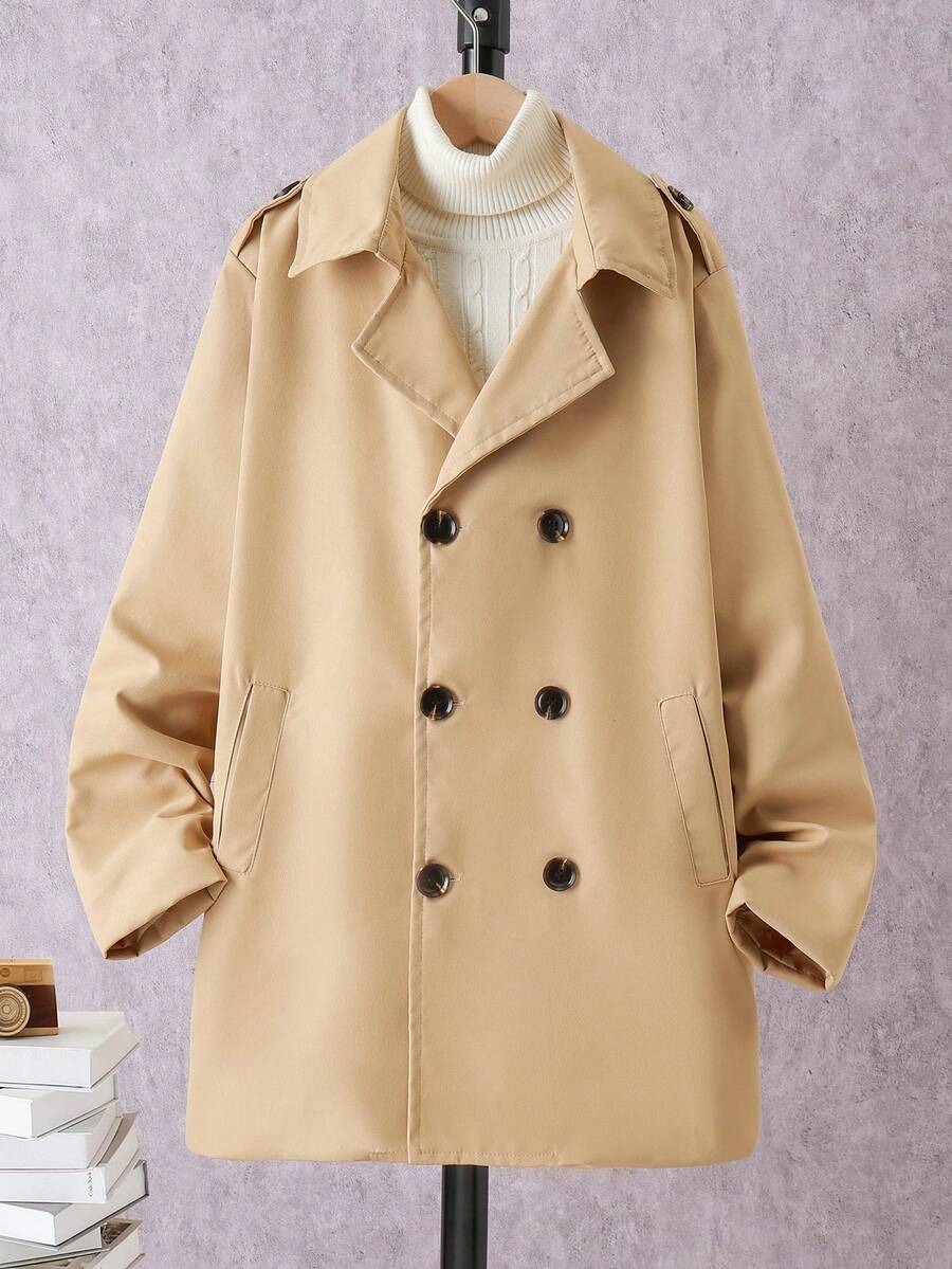 SHEIN Tween Boys' Double Breasted Windbreaker Jacket With Side Pockets ...