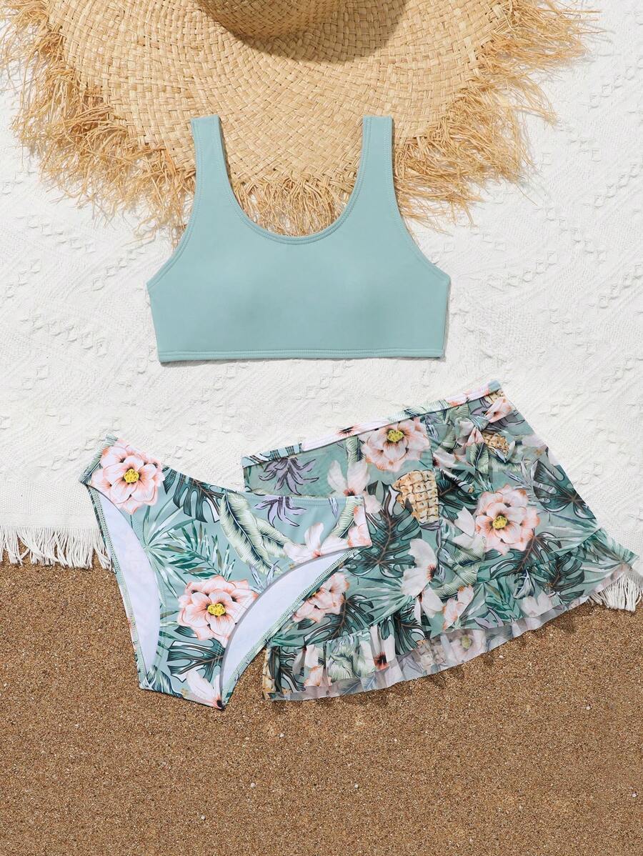 Conjunto de biquíni de 3 peças com estampa floral e planta Tween Girl ...