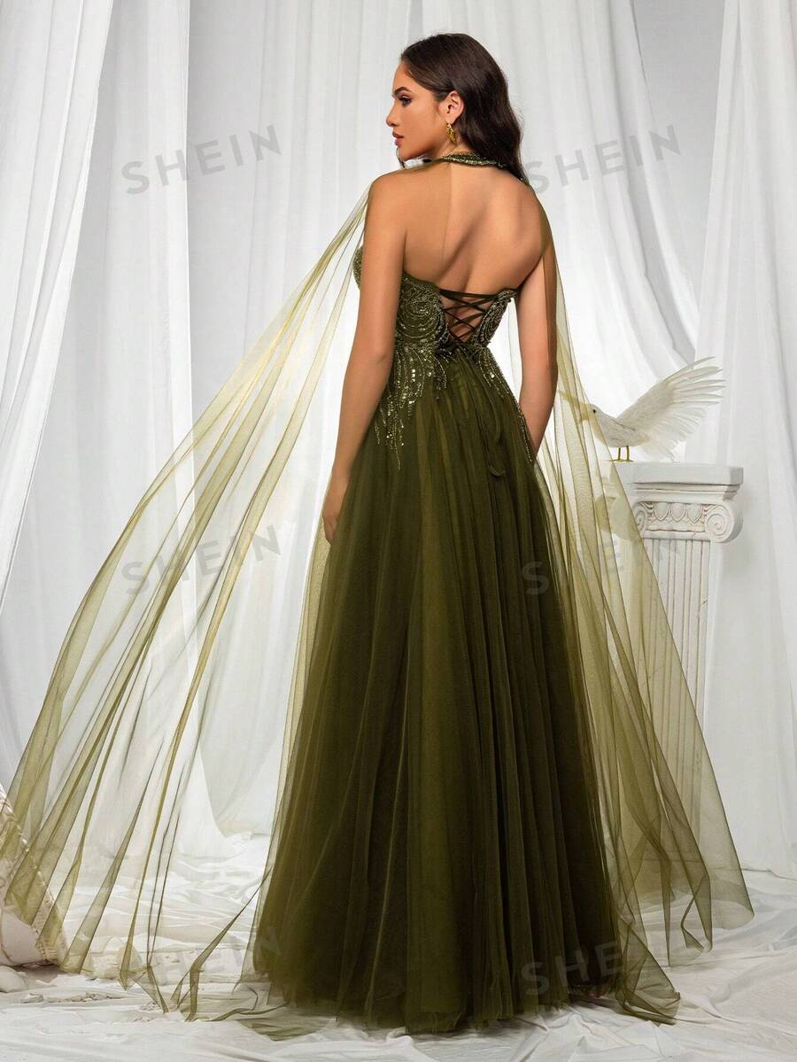 Women's Sequin Tulle High Slit Evening Dress With Sheer Hem, Luxury ...