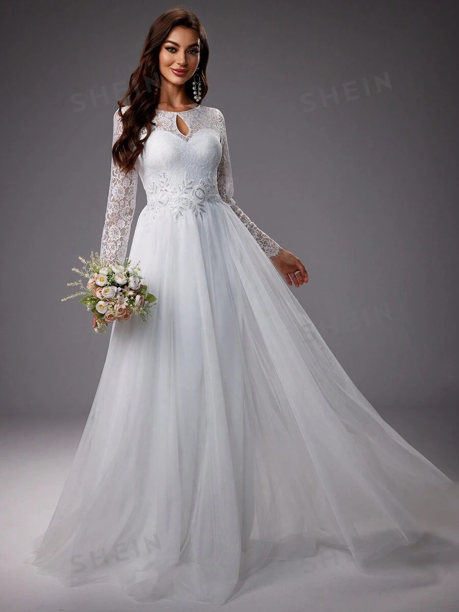SHEIN LUNE Lace Long Flowers Sleeve Gorgeous Wedding Mesh Wedding Dress ...