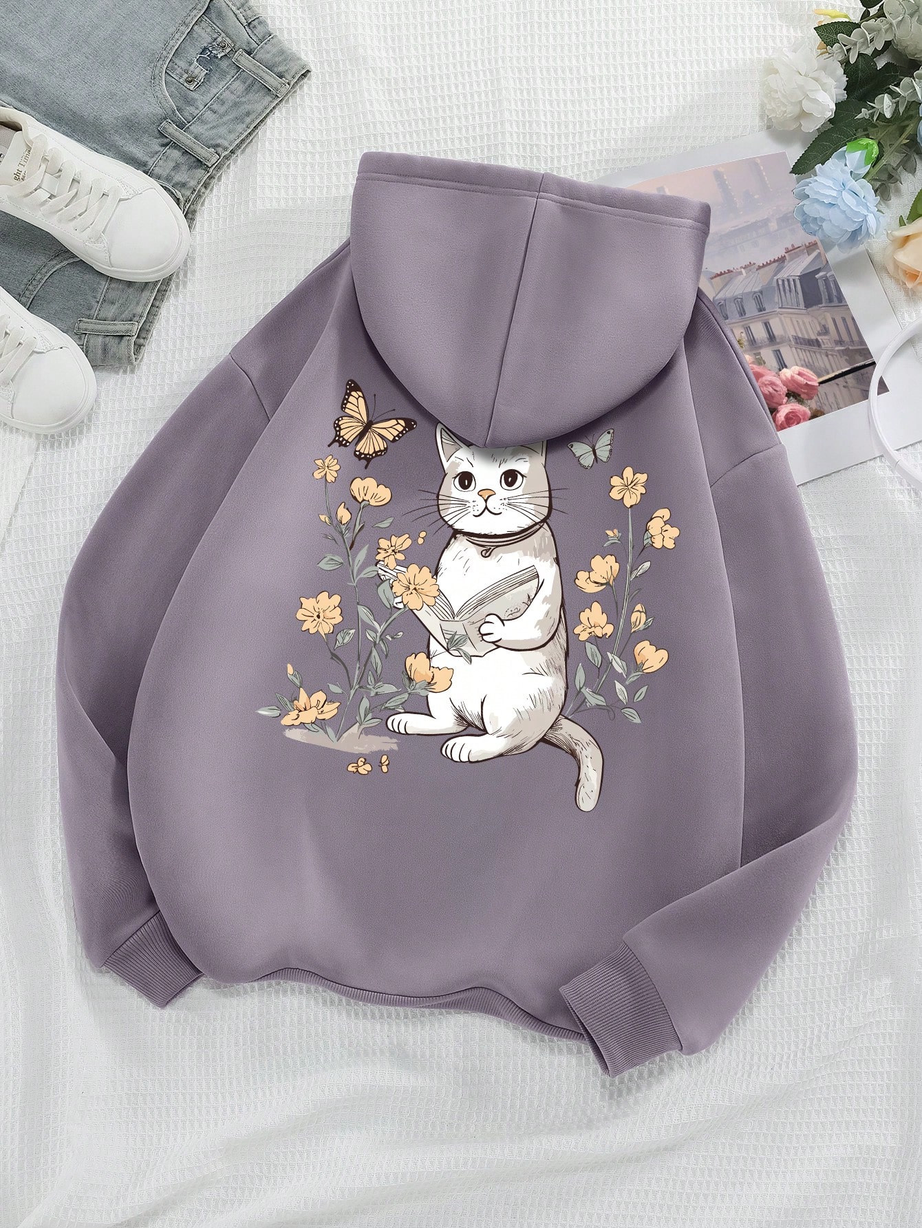 SHEIN EZwear Women'S Cat & Flower Printed Fleece Hoodie With Drawstring ...